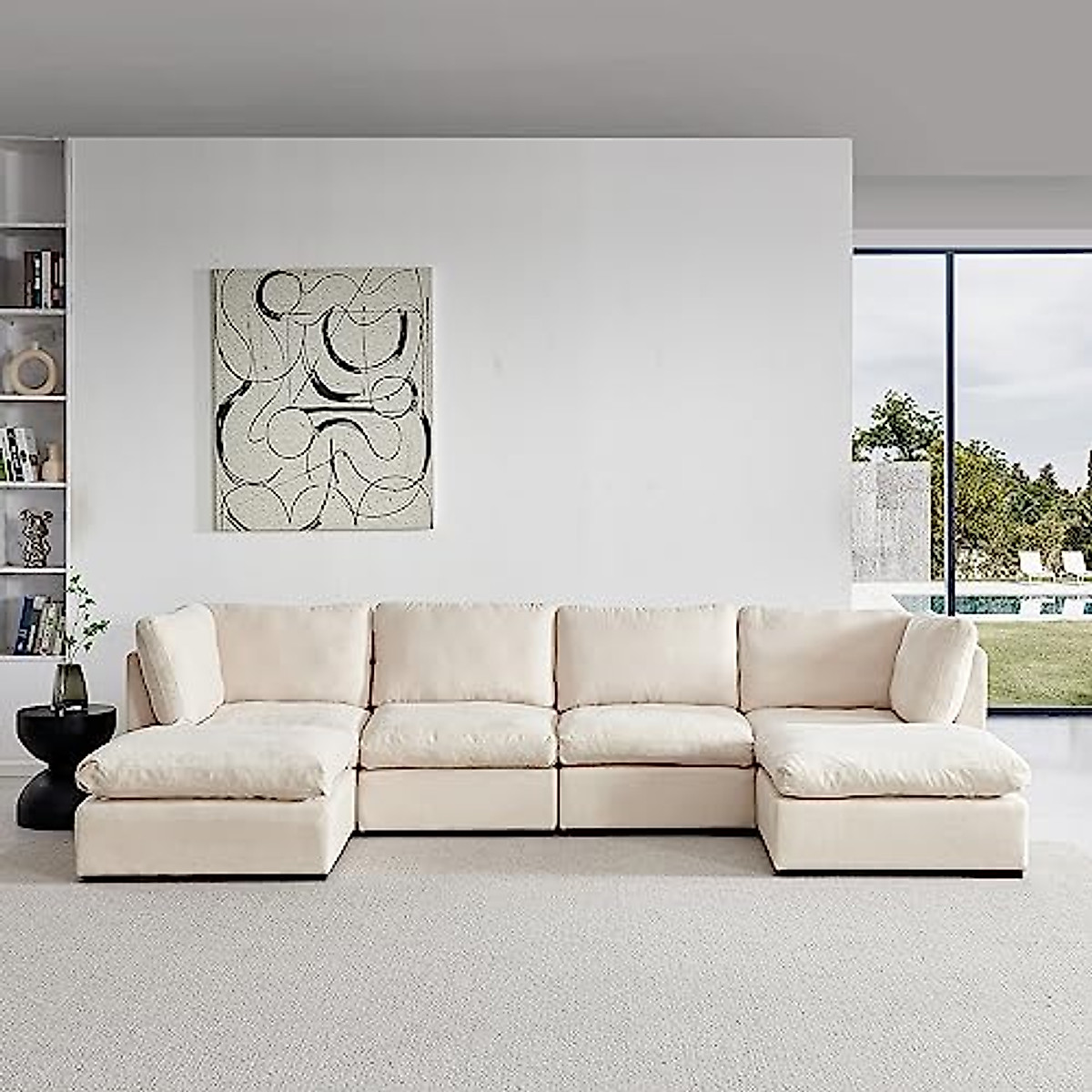 Eafurn Sleeper Bed Modular Sectional Reversible Chaise, Modern U-Shaped 6-Seat Corner Moveable Ottoman,Free Combination Down Filled Soft Sofa & Couch for Living Room,Home,Office, Beige 129