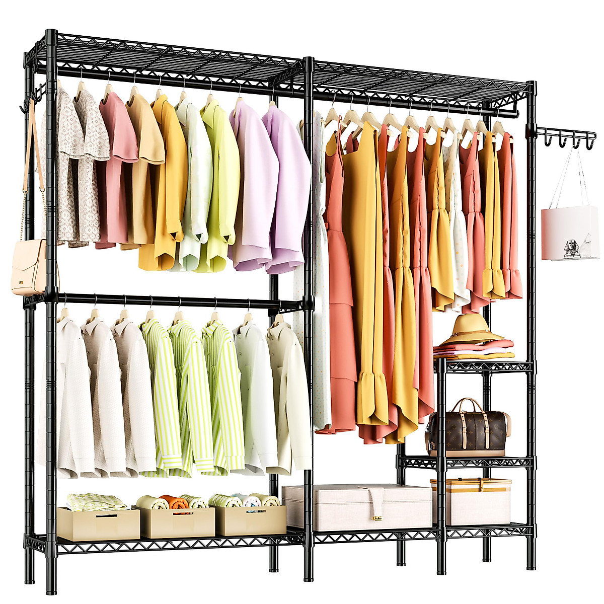 Heavy Duty Clothes Rack Clothing Rack for Hanging Clothes,Large Metal Garment Rack with 4 Tiers Adjustable Wire Shelves&3 Hanger Rods&2 Hooks,Freestanding Closet Wardrobe System,MaxLoad 800lbs
