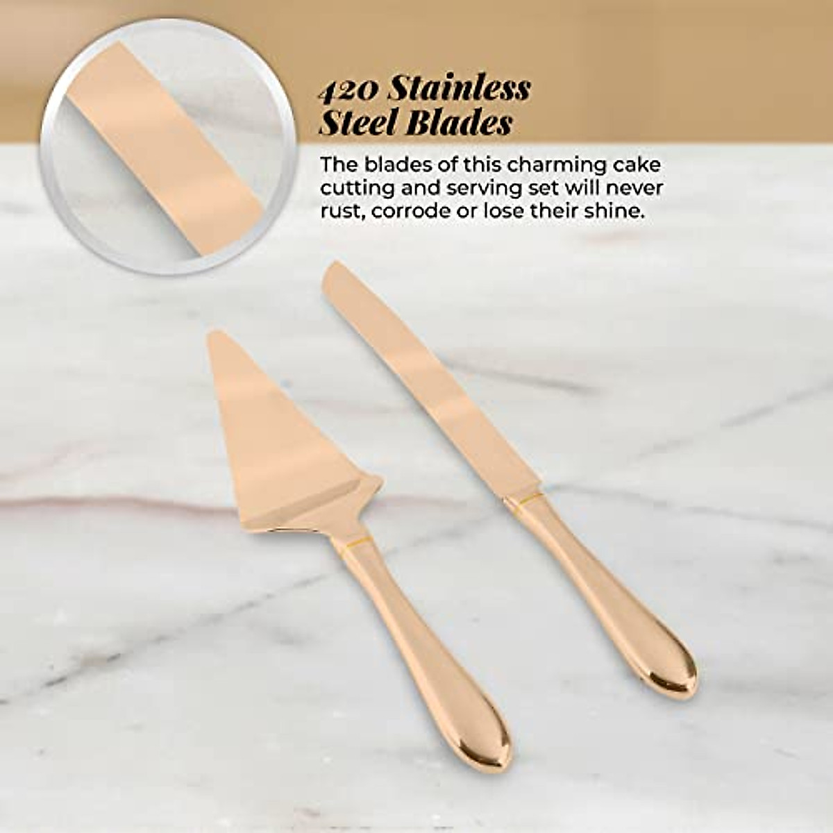 Homi styles Metallic Rose Copper Gold Stainless Steel Cake Serving Set - Cake Knife and Server - Cake Serving Set With Serrated Blade for Easier Cutting - Holidays, Birthdays, Wedding, Anniversary