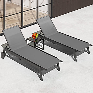 YITAHOME Outdoor Chaise Lounge Chairs Set with Side Table, 3 Pieces Adjustable Backrest Poolside Loungers with Aluminum Frame/Textilene Fabric/Wheels for Pool Beach Patio Lawn Porch (Gray)