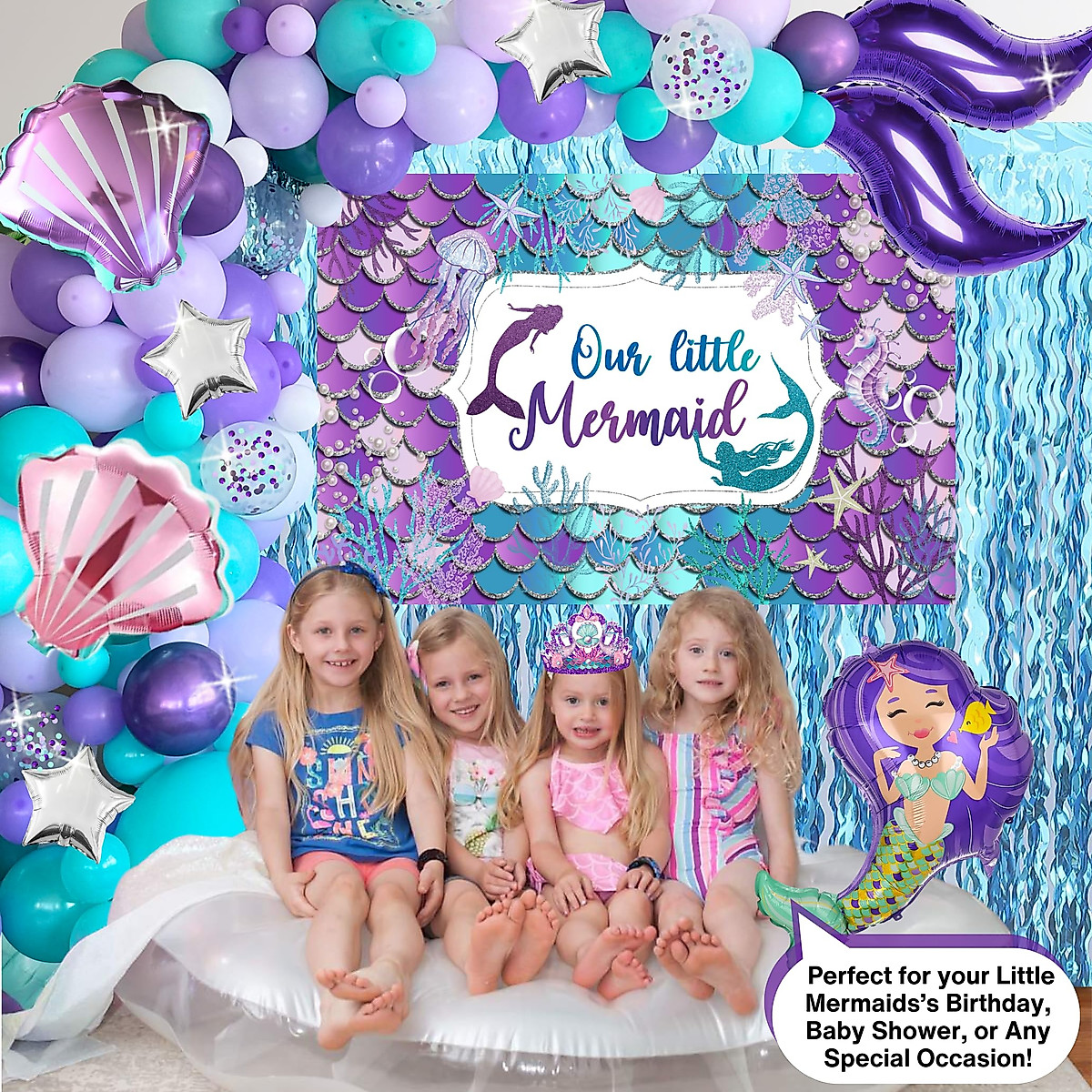 248 Pieces Little Mermaid Birthday Decorations Kit, All-in-1 Girl's Party Decor Package With Mermaid Tail Balloon Garland, Foil Curtains, Fabric Backdrop, Princess Crown - Purple, Teal