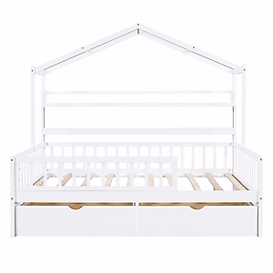 DEINPPA Full House Bed with Drawers, Kids Bed with Shelf and Fence Guardrails, Wood Bed Frame with Decorative Roof Designs, No Box Spring Needed, for Boys Girls Toddler Kids-White