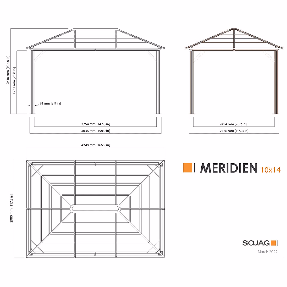 Sojag 500-5157864 8mm 2 Track No.77 Meridien Hard Top Sun Shelter, 10' by 14', Charcoal