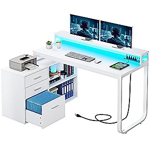 YITAHOME L Shaped Desk with Power Outlets & LED Lights & File Cabinet, 55" Corner Computer Desk with 3 Drawers and 2 Storage Shelves, Home Office Desk with Monitor Stand, White