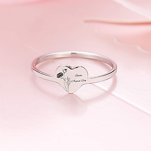 LONAGO Birth Flower Ring Personalized Name Heart Ring Custom Name Plate Stacking Ring Engrave Names Initial Ring for Women