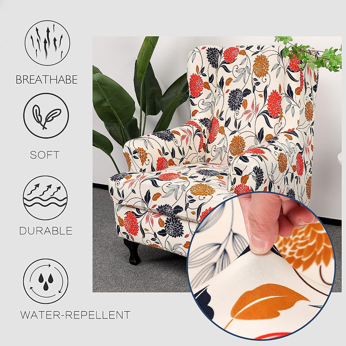 HAOYONG Wing Chair Slipcovers Printed Wingback Chair Covers 2 Pieces Wingback Armchair Slipcover Stretch Chair Slip Covers Washable Armchair Protector Cover for Living Room and Bedroom