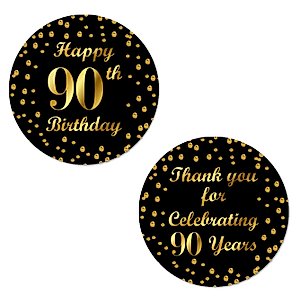 90th Birthday Round 2 Inch Big Glossy Stickers, Thank You for Celebrating 90 Years Black and Gold Labels, Great for Party Favors, Decorations, Tags, Gift Bags and Supplies. Made in USA