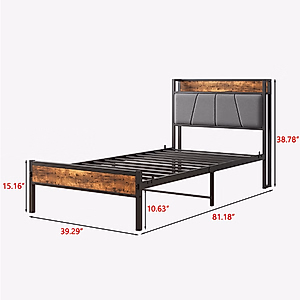Bed Frame with Charging Station, Heavy-Duty Platform Bed with Storage Shelf Headboard, Metal Slats Support, No Box Spring Needed, Solid and Stable,Noise-Free,Easy Assembly (Twin)