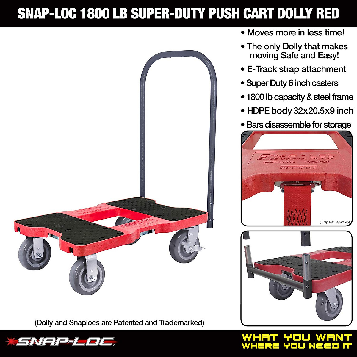 SNAP-LOC 1800 LB Super-Duty Push CART Dolly RED with Steel Frame, 6 inch Casters, Push Bar and Optional E-Strap Attachment