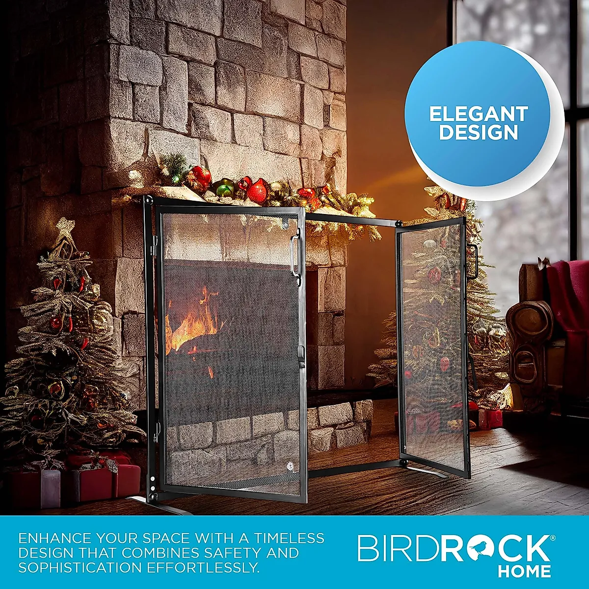 BIRDROCK HOME Fireplace Screen with Double Doors - Heavy Duty Iron Mesh, Welded for Durability, Elegant & Secure Fireplace Cover, Easy Assembly - 40 x 33 in, Black