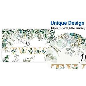 Funnytree 82" x 59" It's Twins Baby Shower Backdrop for Party Green Forest Leaves Birthday Photography Background Cake Table Decoration Banner Supplies Photo Booth Props