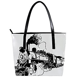 Tote Shoulder Bag for Women, Large Leather Handbags for Travel Work Beach Outdoors Old Black Train