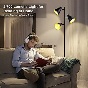 Depuley 3 Lights Tree Floor Lamp, Industrial LED Metal Reading Lamp, Skinny Floor Lamp,Farmhouse Black Standing Light for Living Room, Office, Adjustable Heads, Foot Switch, Bulb Included