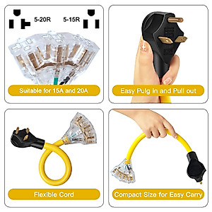 EXCELFU 30 Amp to 110 Adapter, 30 Amp to 15 Amp RV Adapter Extension Cord, NEMA TT-30P Male to 5-20r Female LIT 3-Way Outlet Splitter with Lighted End for RV Generators, 125 Volt, 10AWG, 2ft