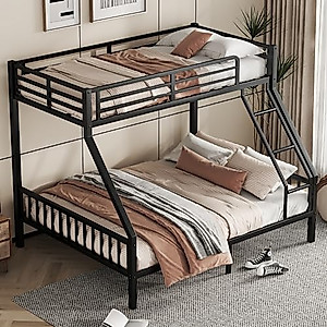 miscoos Twin XL Over Queen Bunk Bed, Heavy Duty Bunk Bed with PVC Rubber Cover Ladder and Full-Length Guardrails, Metal Queen Bed Frame with Slats Support for Adults, Teens, Kids, Black