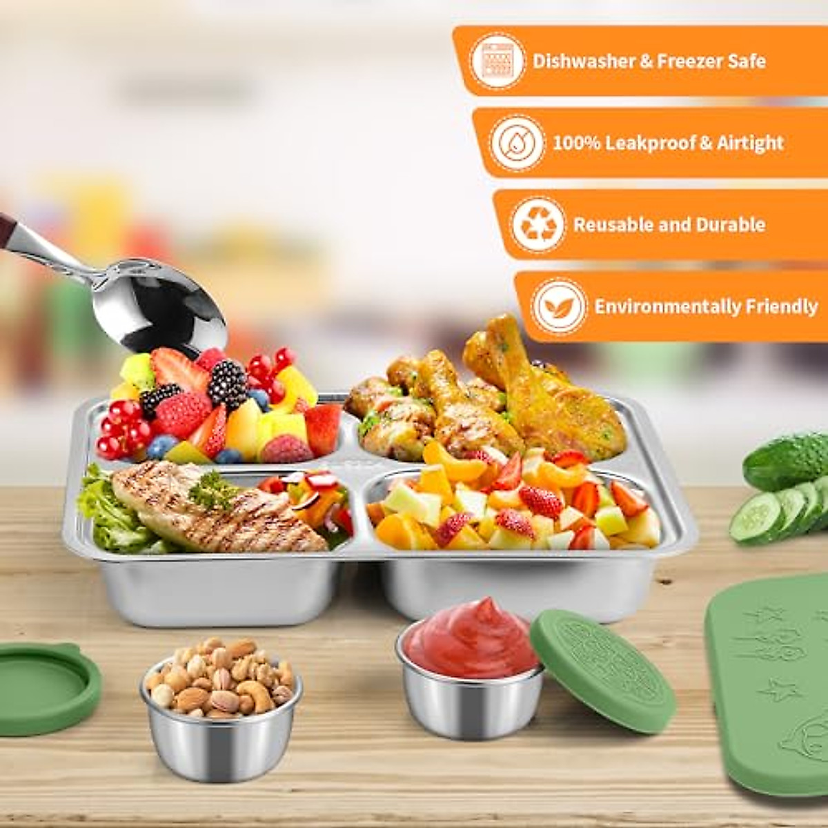 LEGELITE Stainless Steel Bento Box Container with 2 Sauce Cups, 4 Compartments Premium Bento Box, Metal Lunch Box Set for Kids or Adults (Sage)