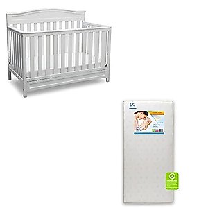 Delta Children Emery 4-in-1 Crib, White with Twinkle Stars Crib & Toddler Mattress