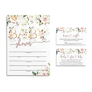 All Ewired Up Wildflower Baby Shower Invitations for Girl with Envelopes, 25 Invites, Diaper Raffle Tickets, Baby Shower Book Request Cards - Watercolor Gold Blush Greenery (Large Size 5X7”)