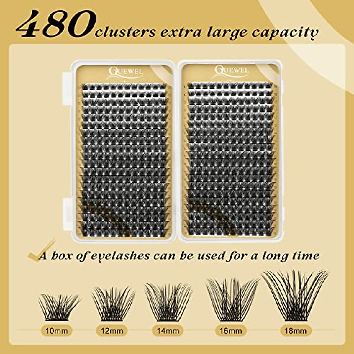 QUEWEL Lash Clusters 480 Pcs Individual Lashes Mix10-18mm Cluster Lashes Practical Soft Comfortable DIY Lash Extensions Lasting Enlarged Eyes (Mega-Mix10-18)