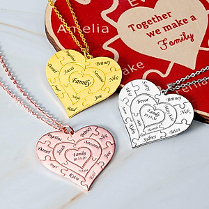 AILIN Custom Heart Puzzle Necklace 925 Sterling Silver/Stainless Steel Personalized Engraved 1-12 Name Pendant Family Love Valentine Mothers Day Jewelry Gifts For Women Mom Grandma Daughter