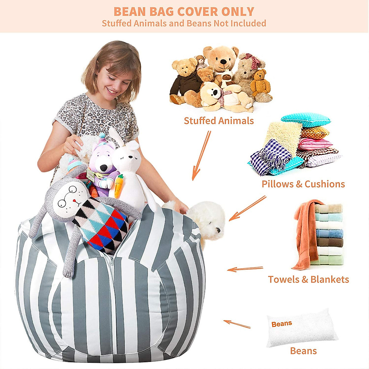 Aubliss Stuffed Animal Bean Bag Storage Chair, Beanbag Covers Only for Organizing Plush Toys, Turns into Bean Bag Seat for Kids When Filled, Medium 32"-Canvas Stripes Grey/White