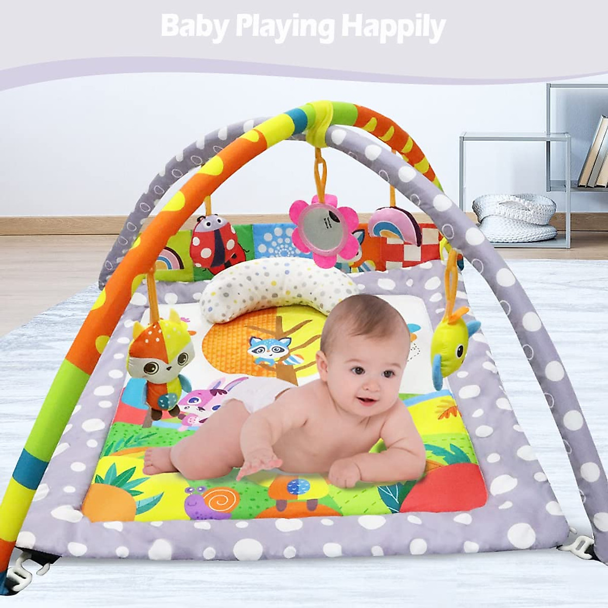 KAKIBLIN Baby Play Gym Mat, 4 in 1 Tummy Time Activity Play Mats for Baby with 5 Detachable Toys, Foldable Baby Playmats Floor Gyms for Easy Transport, Playpen Function, 80 x 70 CM, Purple