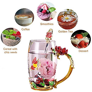 DasyFly Birthday Gifts For Women,Enamel Butterfly Flower Glass Tea Cup Rose Red Coffee Mug,Cute Gifts For Women Mom Wife Grandma Female Friend on Anniversary Christmas Valentines Mothers day