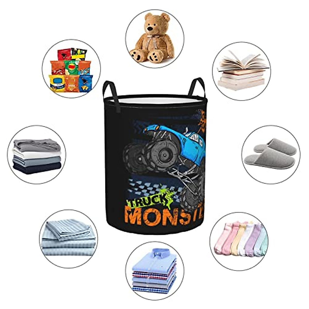 Gbuzozie Monster Truck Print Round Laundry Hamper Storage Basket Toys Clothes Organizer Bin For Home Bathroom Bedroom Dorm Nursery, 38l