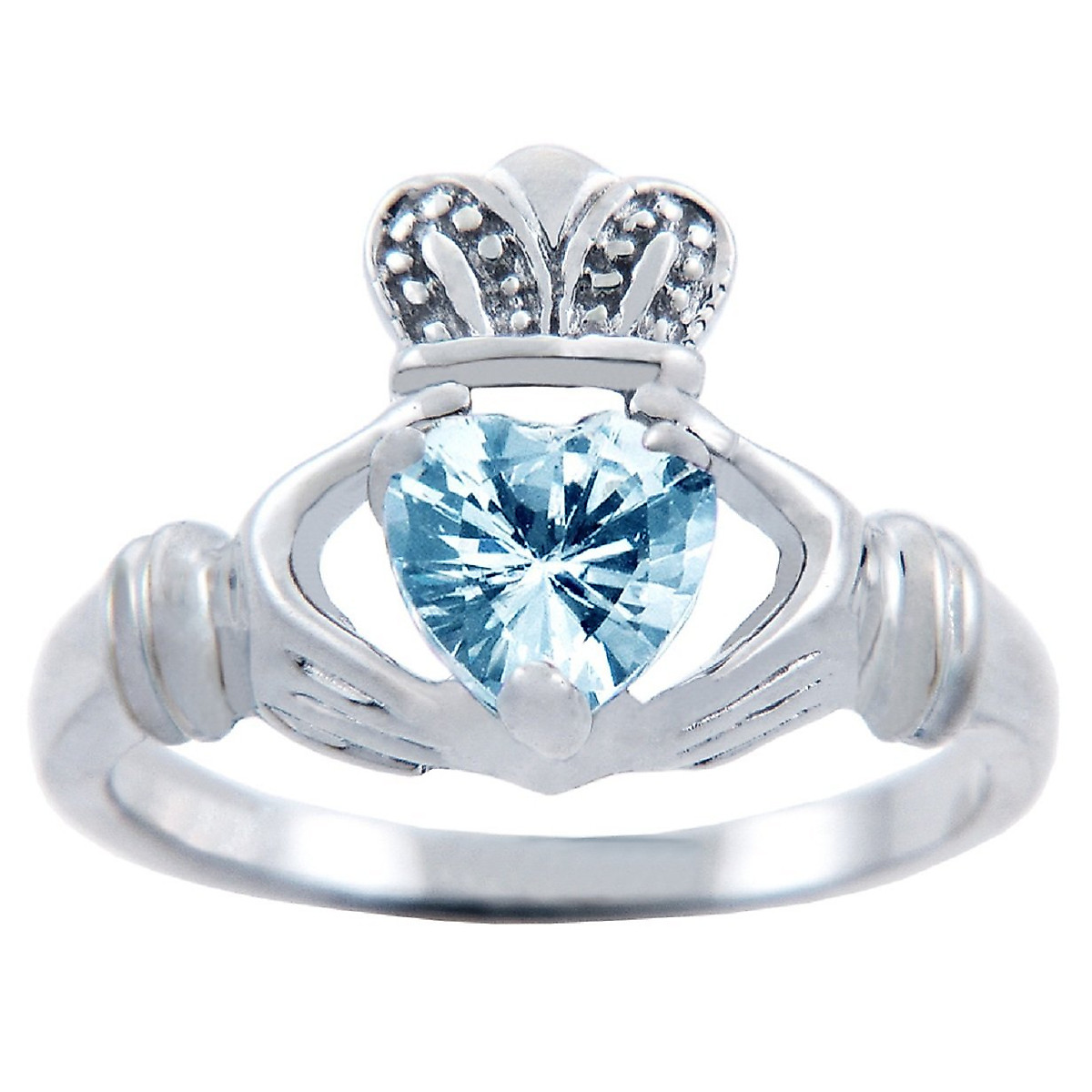 Personalized Sterling Silver Solitaire March Birthstone CZ Heart Irish Claddagh Ring (Size 7)