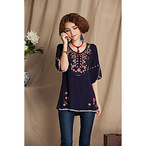 Ashir Aley Bell Sleeve Womens Girls Embroidered Cotton Peasant Tops Mexican Bohemian Shirts Blouses (L,Navy Blue)