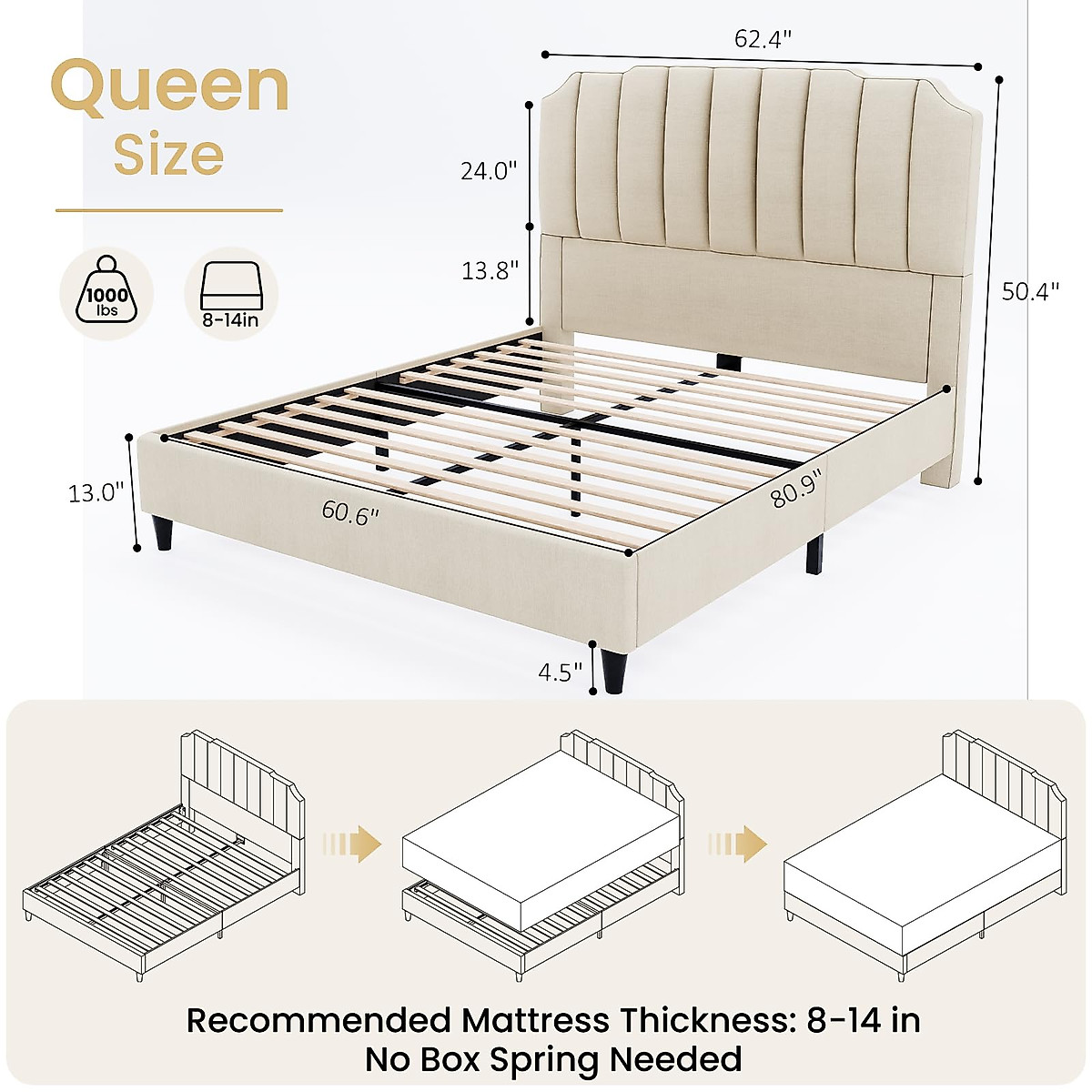 HALLYBEE 50.4" H Queen Bed Frame with Headboard Linen Fabric Platform Bed Frame Queen Size, Chic and Elegant Upholstered Bed Frame Queen, Bedframe No Box Spring Needed, Mattress Foundation, Beige