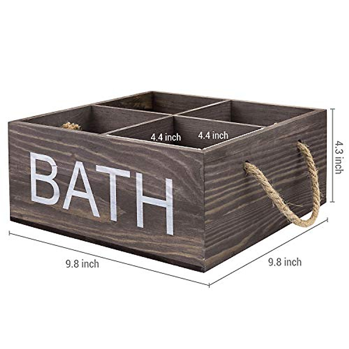 MyGift Bathroom Organizer 4 Cup Bin, 4-Compartment Rustic Dark Brown Wood Bath Caddy Storage Crate with Rope Handles