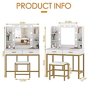 Vabches Makeup Vanity with Lighted Mirror,Vanity Mirror with Lights and Table Set,Vanity Set with 10 LED,Vanity Desk with 3 Lighting Modes and 2 Drawers&Cushioned Stool for Bedroom.