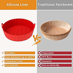 OUTXE 2 Pack Air Fryer Silicone Baking Tray 7.5inch for 3 to 5 Qt (Blue+Grey), OUTXE 2-Pack Silicone Air Fryer Liner 7.5inch (Red+Pink)