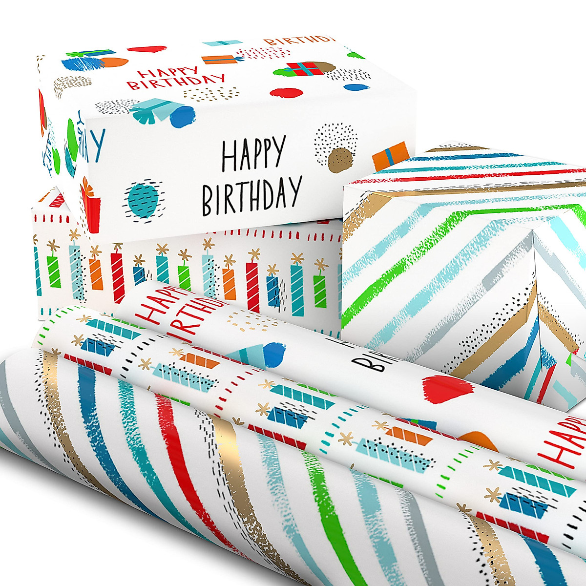 Hallmark Colorful Wrapping Paper Bundle with Cutlines on Reverse (6 Rolls: 115 Square Feet Total) Red, Blue, Yellow, Green, Rainbow Stripes, Polka Dots for Birthdays, Graduations, Father's Day