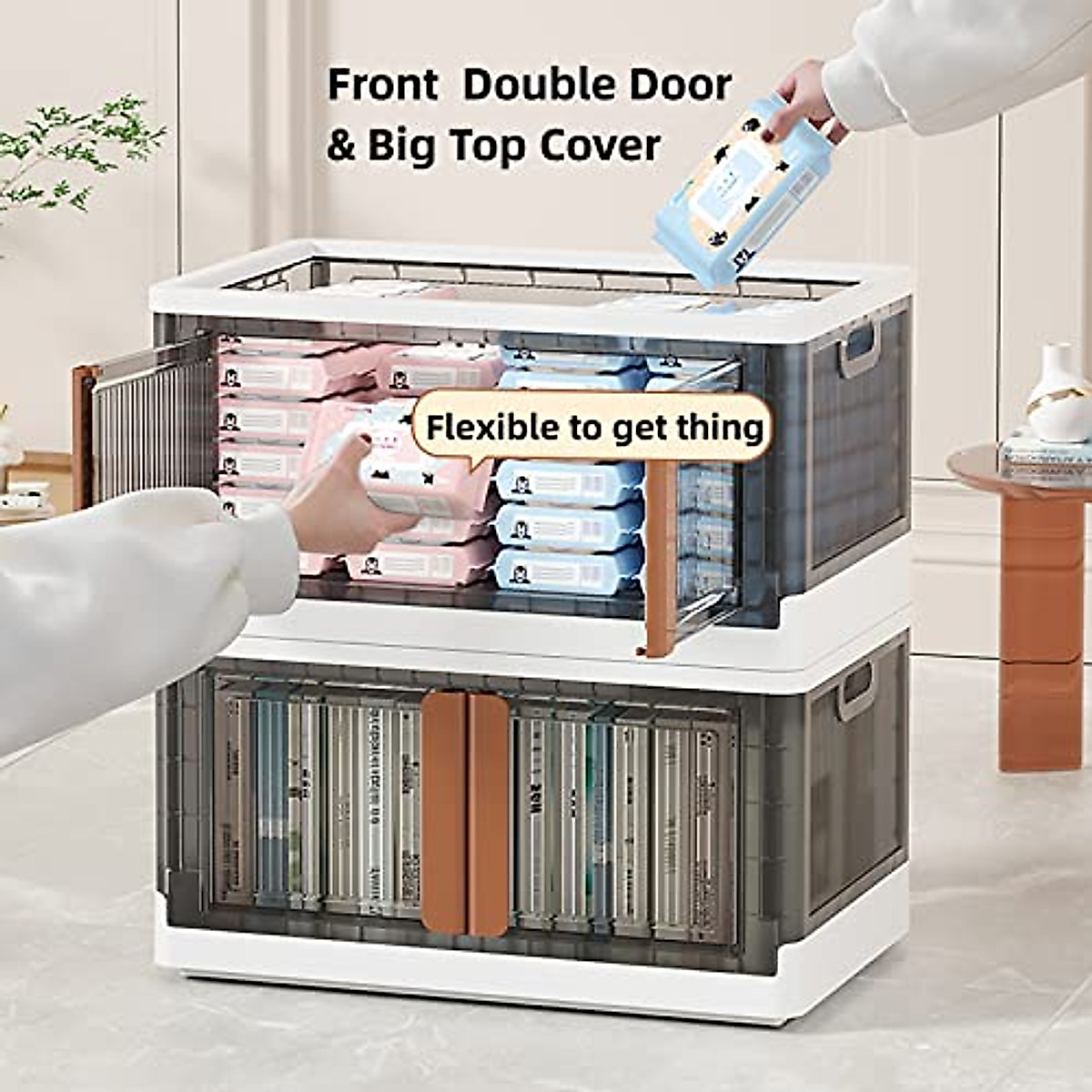 Storage Bins with Lids,Wheels-Large Plastic,4 Packs Folding Storage Box,34 Qt Stackable ,Grey Office Organization,White Dorm Room Essentials,Double Door File Cabinet