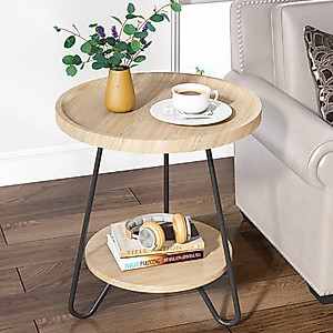 Tribesigns Round Side Table, 2-Tier End Table with Metal Legs, Modern Industrial Beside Table, Small Accent Table Snack Table for Living Room, Bedroom, Small Space, Easy Assembly, Brown