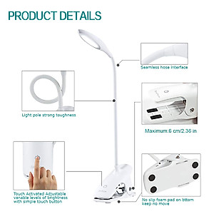 Brivation LED Desk Lamp with USB Charging Port, Clip Lamp for Desk, Portable Eye-Care Desk Light, Flexible Gooseneck USB Rechargeable, 3 Dimming Levels, Touch Control
