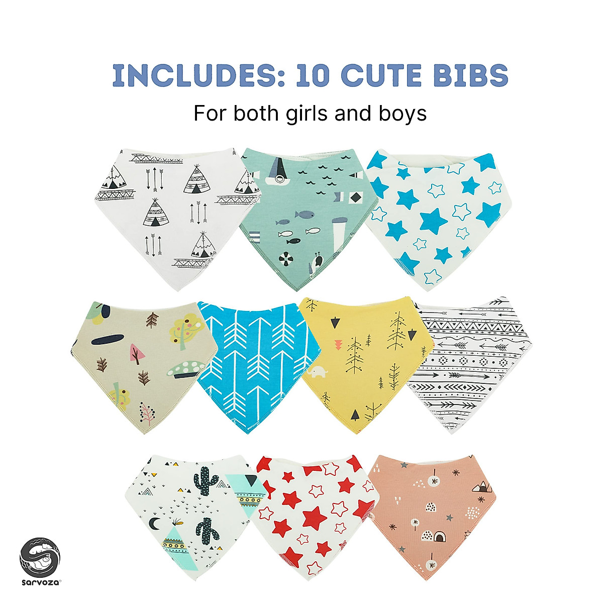 Sarvoza Baby Bandana Drool Bibs 10pcs - Absorbent Organic Cotton Baby Bandana Bibs with Safe Nickel Free Snaps - Drooling Baby Bibs for Boy and Girl