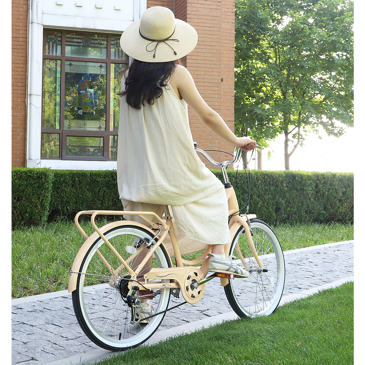 MEGHNA Cruiser Bike Low Step-Through 26inch Commuter Bike V - Brake 7 Speed Shifter Driven City Bike for Women Senior Men (Beige)