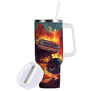 RPLIFE Monster Truck Stainless Steel Mug, Insulated Cup with Straw, Tumbler for Men