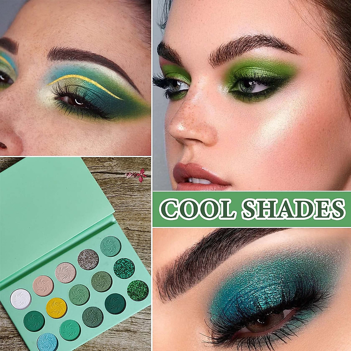 WENJLYJ 15 Color Green Eyeshadow Palette,Highly Pigmented Green Eyeshadow Matte Shimmer Makeup Pallete,Long Wear Waterproof Eye Shadow Pallete Glitter Eyeshadow Pallets for Women