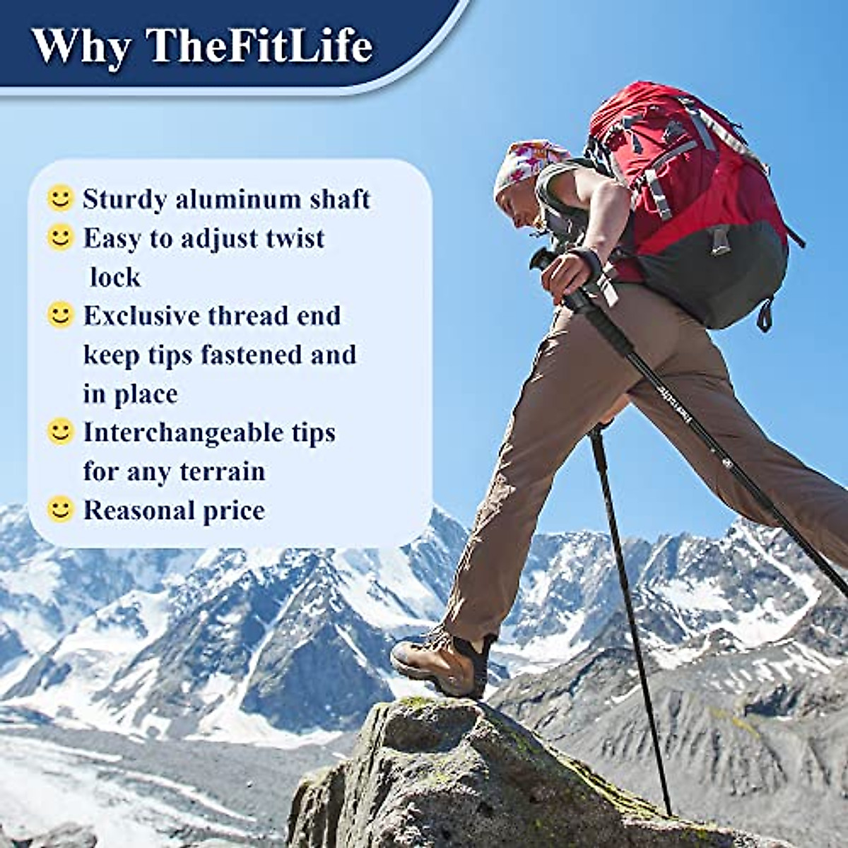TheFitLife Trekking Poles - 2 Packs with Antishock and Quick Lock, Telescopic, Ultralight - For Hiking, Camping, Trekking
