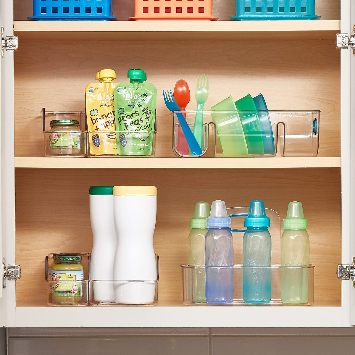 iDesign IDjr Storage Organizer with Two Compartments for Baby Bottles, Pouches, Food Jars for Pantry or Refrigerator - Clear