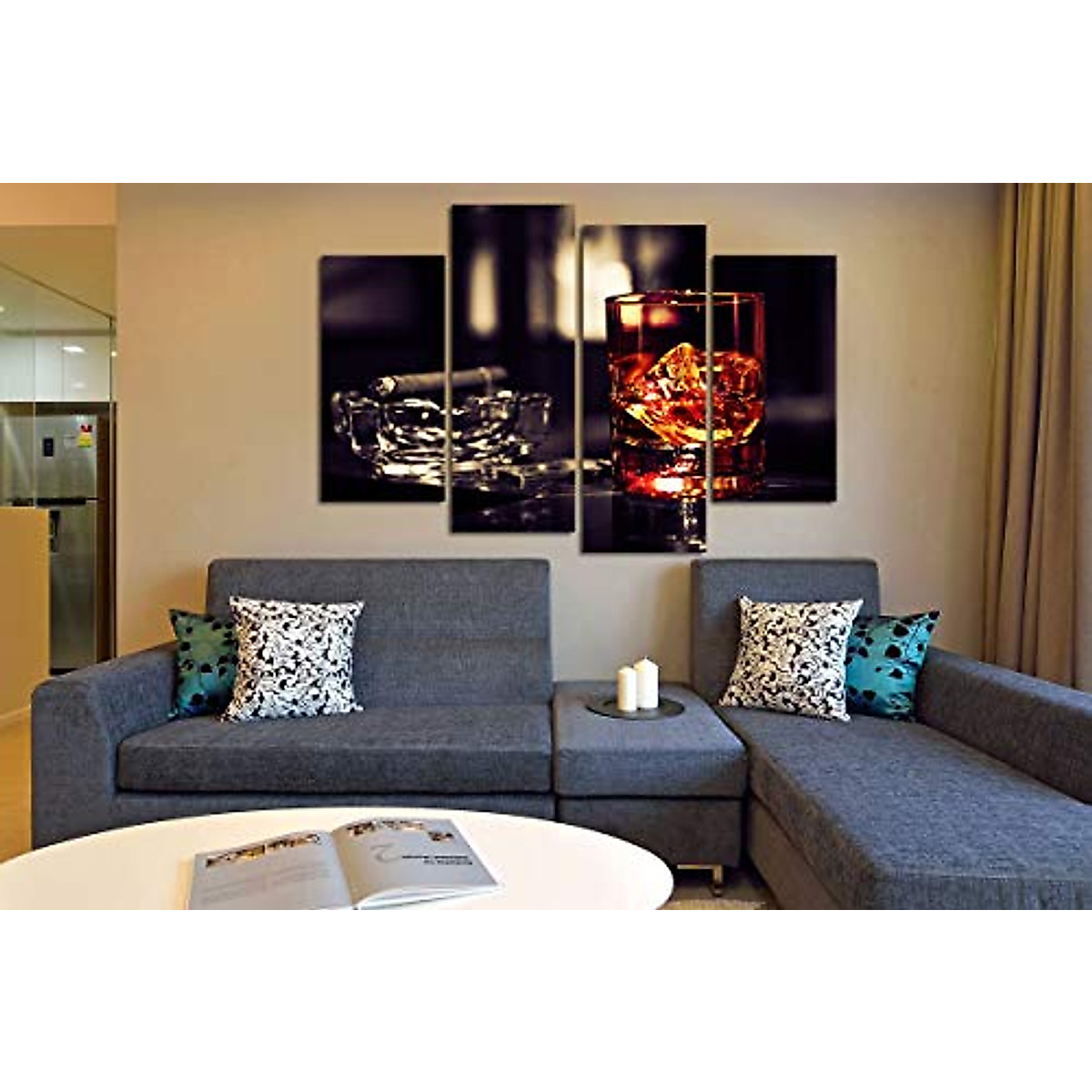 VVOVV Wall Decor - Brown Whisky In Cups With Ice Canvas Wall Art Print Wine Painting Framed Pictures Smoking Cigar Ashtray Poster Giclee Artwork Wall Decor Kitchen Bar