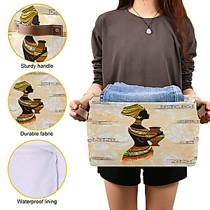 ALAZA Decorative Basket Rectangular Storage Bin, Ethnic African Black Woman Organizer Basket with Leather Handles for Home Office