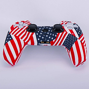 9CDeer 1 Piece of Silicone Transfer Print Protective Thick Cover Skin + 6 Thumb Grips for PlayStation 5 / PS5 Controller American Flag