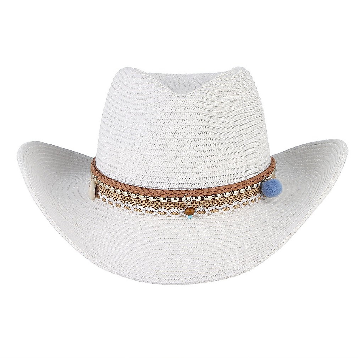 GEMVIE Cowboy Cowgirl Floppy Sun Hat Fedora Straw Wide Brim Bucket Beach Cap White 58cm