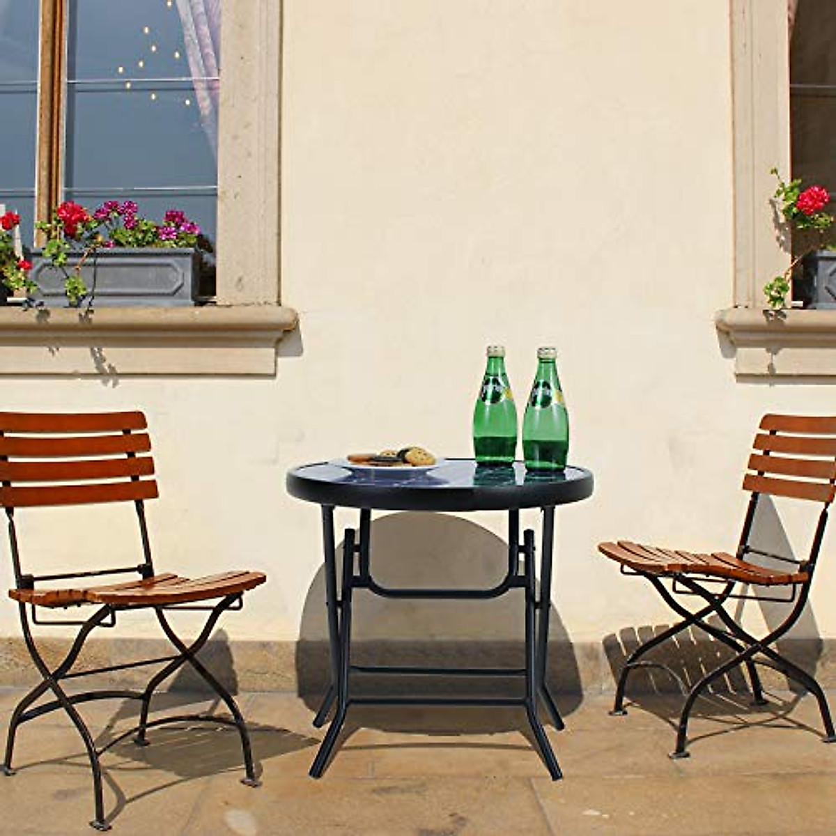 MFSTUDIO Patio Side Table, Folding Portable Round Bistro Coffee Table, Tempered Glass Metal End Table, Plant Stand for Indoor & Outdoor Garden Backyard Lawn Poolside, 18 inch Pattern Blue