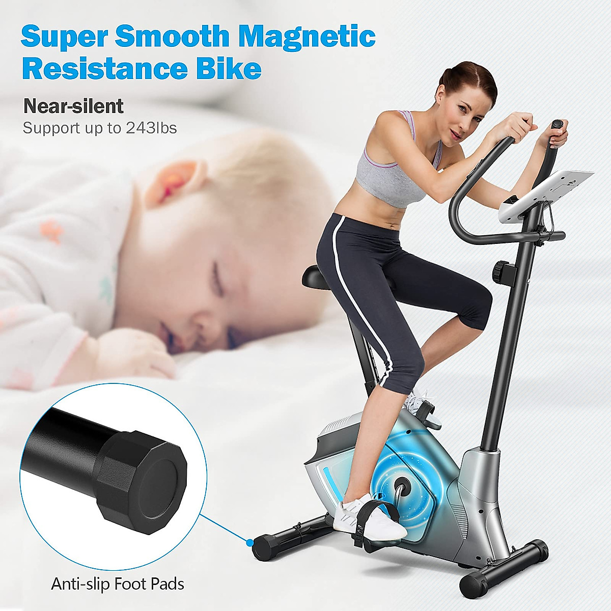 Goplus Magnetic Stationary Upright Exercise Bike, Indoor Cycling Bike w/ 8-level Resistances, LCD Monitor, Pulse Sensor, Pad Holder, Workout Circuit Fitness Bike for Home Cardio Training